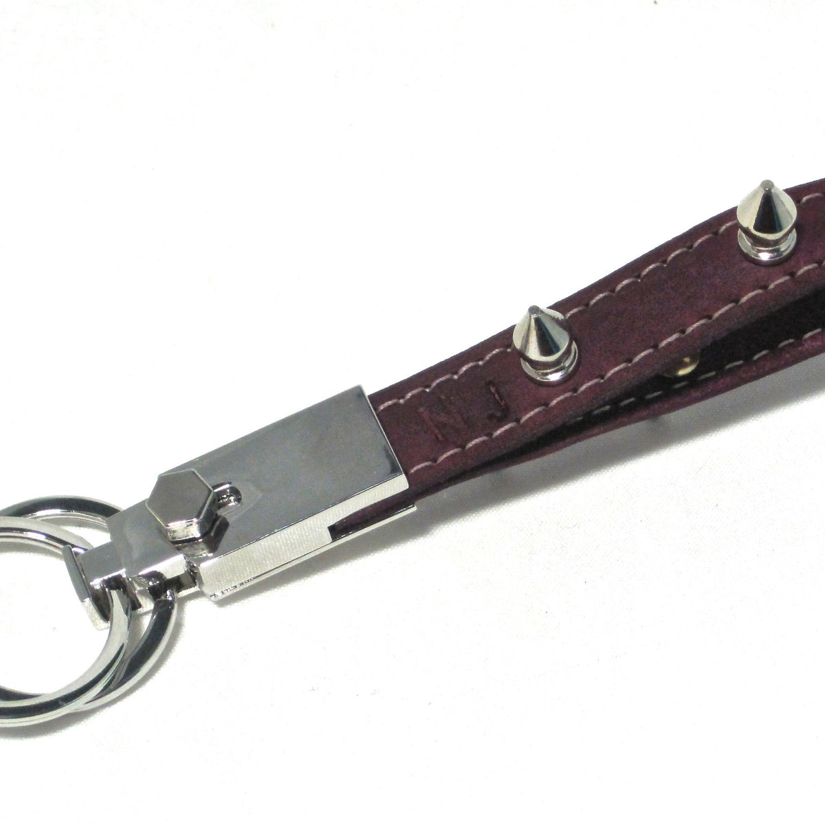 Leather and spike rivets two-ring spring-loaded key chain - Nyet Jewelry