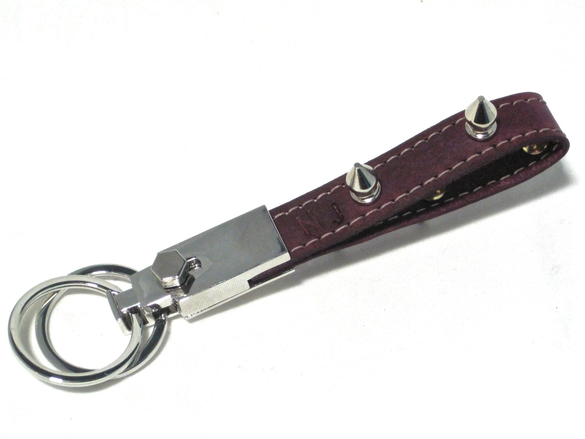 Leather and spike rivets two-ring spring-loaded key chain - Nyet Jewelry