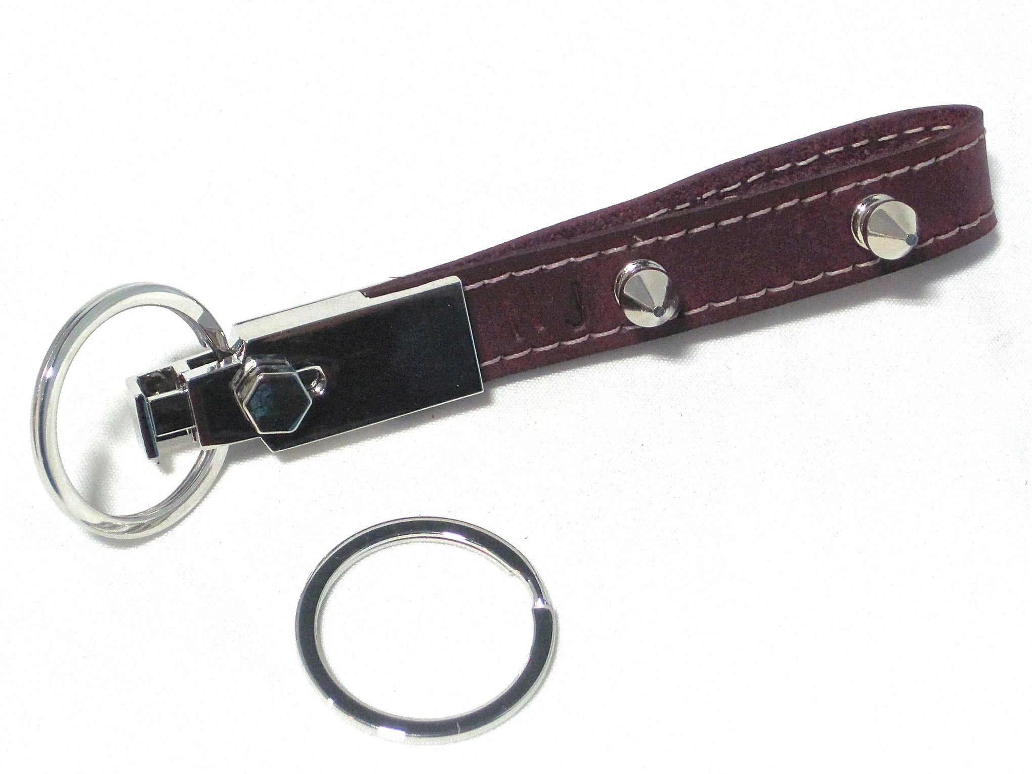 Leather and spike rivets two-ring spring-loaded key chain - Nyet Jewelry