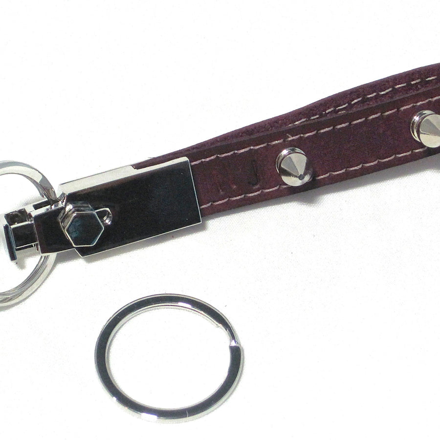 Leather and spike rivets two-ring spring-loaded key chain - Nyet Jewelry