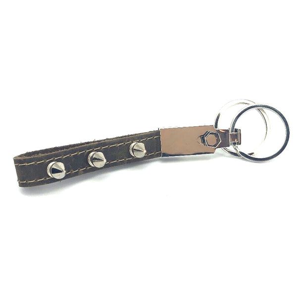 Leather and spike rivets two-ring spring-loaded key chain - Nyet Jewelry